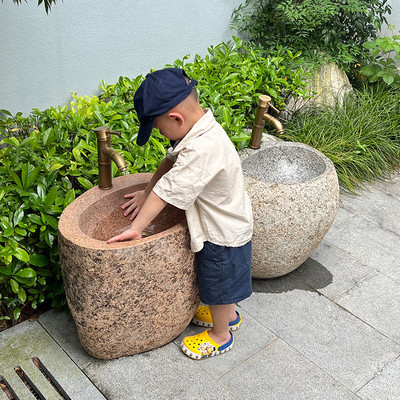 幼儿园石头洗手盆一体式学校儿童水槽创意户外水池台盆原石立柱盆