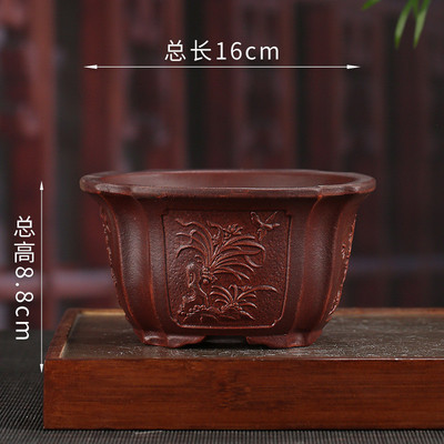 张治诚紫砂盆风中号圆口梅兰竹菊浮雕复古中式小多肉兰花盆zsz17