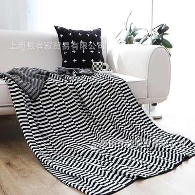 现代都市风毛毯黑白条毯装饰格客厅沙发毯盖毯卧室床尾毯午休毯子
