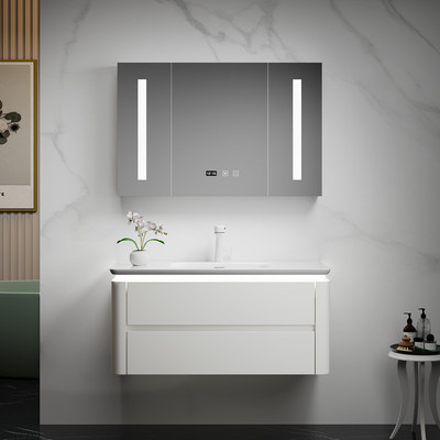 烤漆风奶油实木浴室柜组合双抽屉圆弧感应灯主柜洗漱台8809