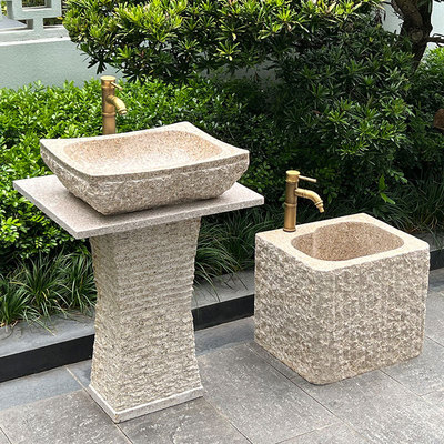 天然石头洗手盆室外阳台花园洗手池立柱一体园林户外庭院水池台盆
