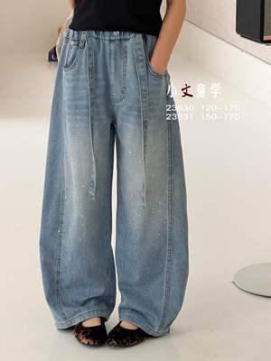小文同学2026春夏新款女童洋气烫钻牛仔裤儿童宽松阔腿裤潮23630