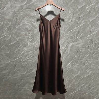 醋酸缎面吊带连衣裙法式长裙女