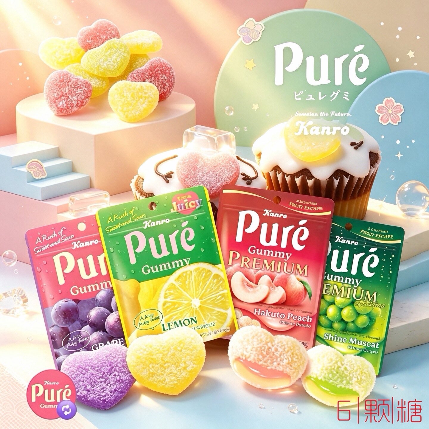 日本限定软糖kanro甘乐Pure软糖果汁青提葡萄柠檬味心形爱心糖果