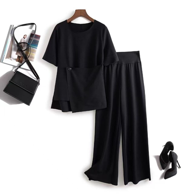 T171 夏季新款设计感不规则纯色上衣配阔腿裤时尚两件套套裤JR