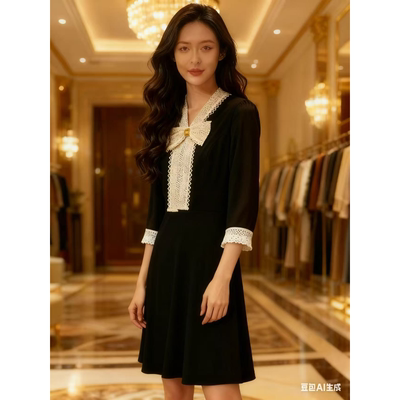 7019 春夏款优雅洋气法式蝴蝶结七分袖显瘦连衣裙JR