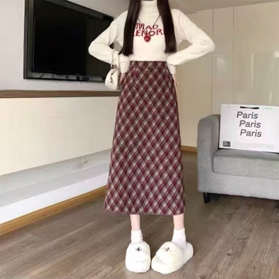 D209 春秋冬款高级感复古气质毛呢格子高腰过膝百搭显瘦半身裙