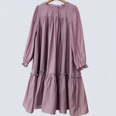 L302 春款新款时尚木耳领长袖宽松纯色洋气简约百搭天丝连衣裙JR