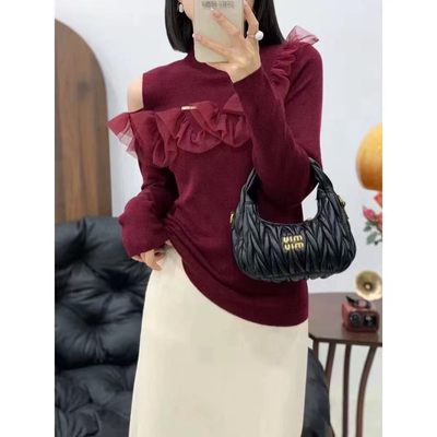 X391 春秋款时尚网纱拼接荷叶边露肩针织衫