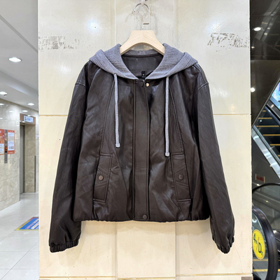 艾尔菲洋26A-C8068 时尚撞色针织连帽休闲皮衣夹克短外套秋装正品