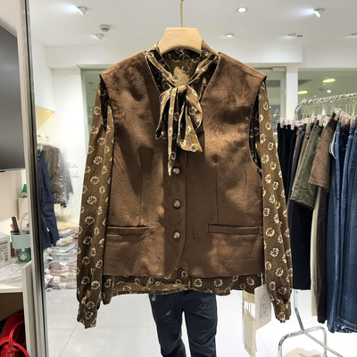 WOMEN LV2868 飘带蝴蝶结花朵衬衣+V领麂皮绒马甲外套两件套秋装