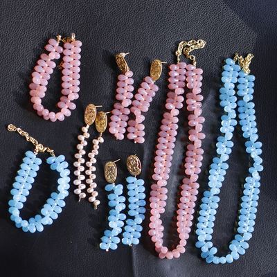 西德粉蓝老琉璃中古耳环项链