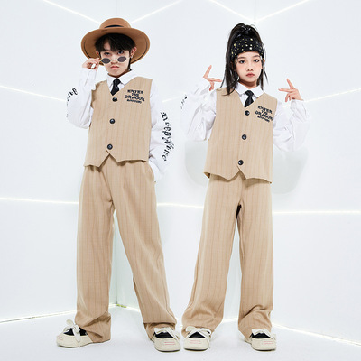 街舞儿童爵士舞套装卡其西装马甲潮服男童Popping演出服locking女