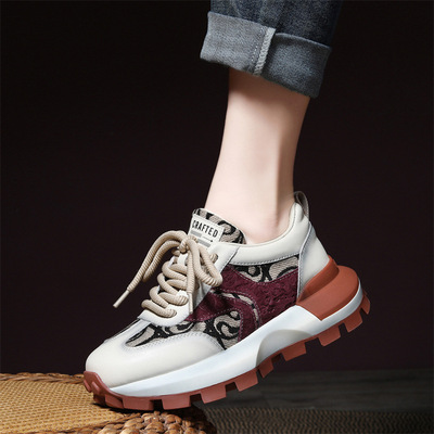 翠雀2024夏季新款真皮刺绣网面透气厚底百搭国风运动鞋厚底老爹鞋