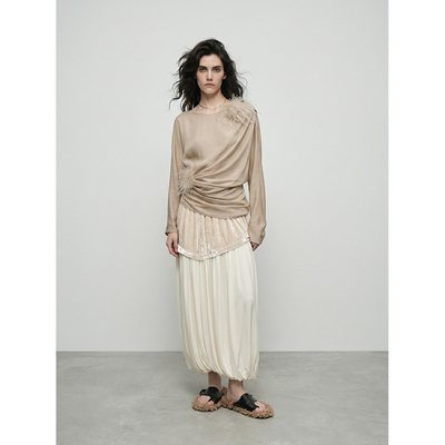 LANVIVIER 法式知性高知女性 舒适鸵鸟毛不对称设计收腰捏褶上衣