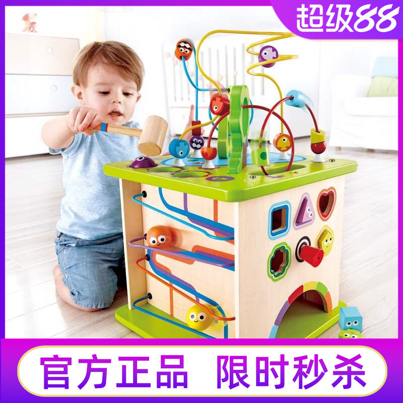 Hape开心农场绕珠婴儿童串珠百宝箱宝宝益智玩具早教多面体游戏盒