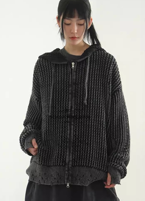 连帽拉链做旧破洞拉链帽衫韩国