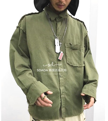 韩国代购破边长袖衬衫宽松风格