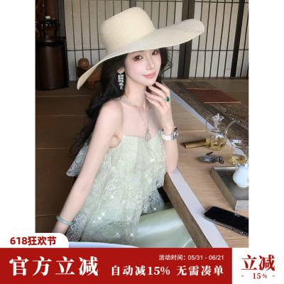雅乔【精灵海】夏季无袖娃娃衫薄荷绿荷叶边蕾丝网纱背心上衣女