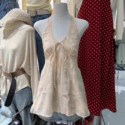 法式V领吊带背心女夏季甜辣风纯欲提花挂脖小衫露背无袖上衣26310