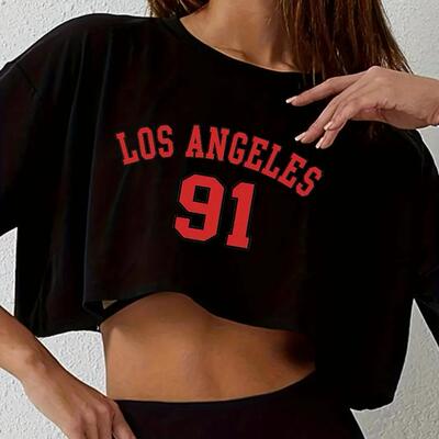 LOS ANGELES 91 T shirt 超火性感露脐T恤女时尚洛杉矶印花体恤衫