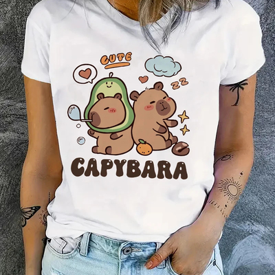 Capybara T shirt 卡通可爱水豚印花T恤女士夏季简约打底体恤衫