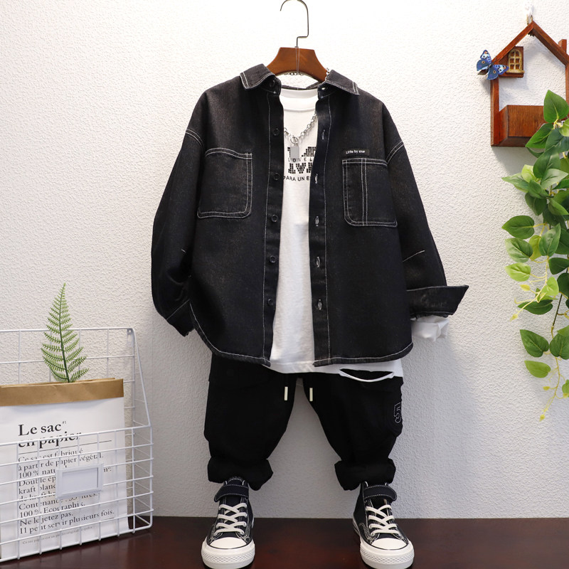 男童牛仔衬衫中大童春秋薄外套上衣男孩童装衣服儿童黑色牛仔衬衣