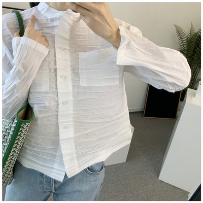 宽松通勤单排扣棉褶皱衬衫