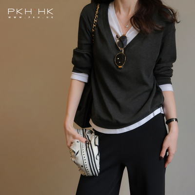 PKH.HK特 春上新 质感BI入不费力时髦舒适撞色V领假两件针织T恤