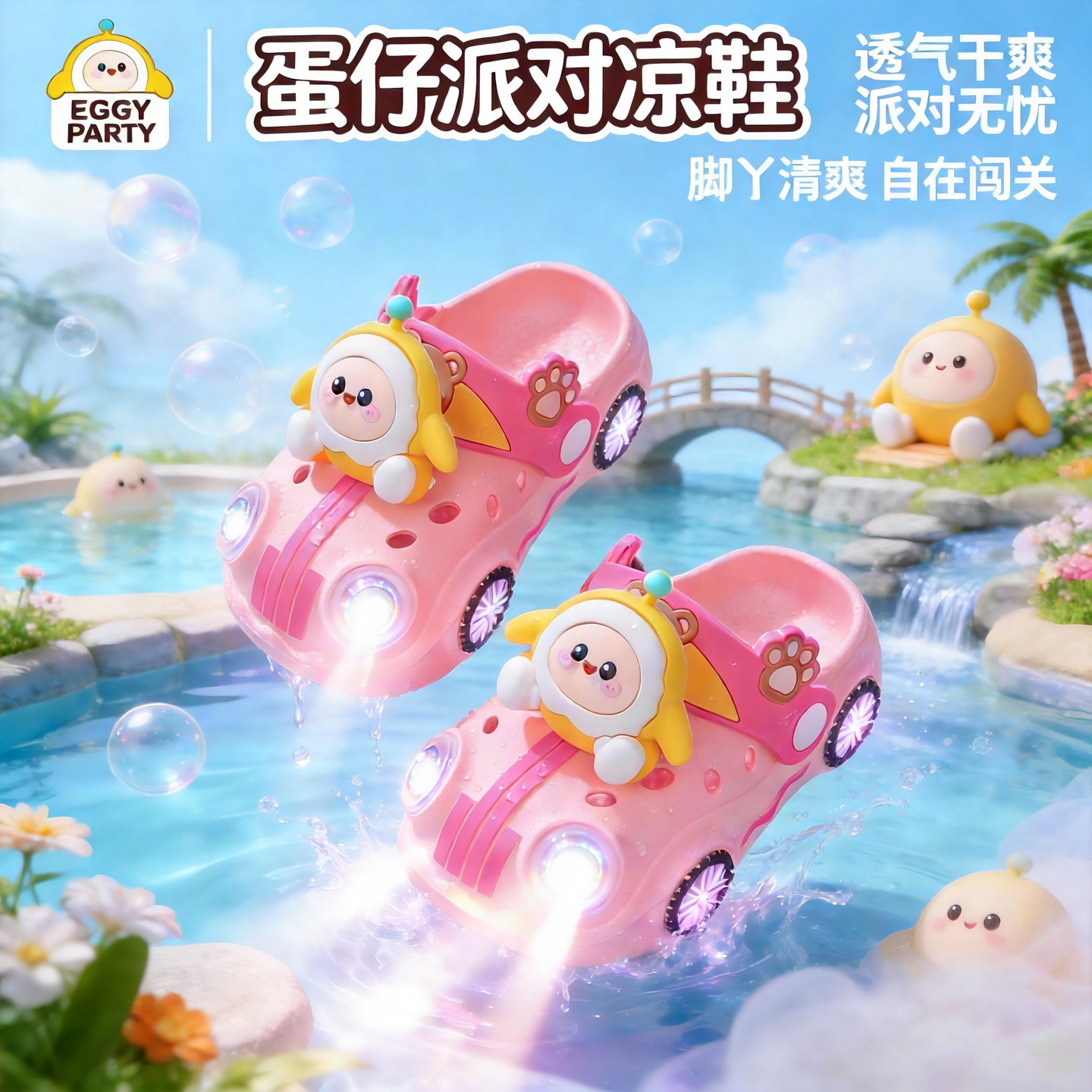 蛋仔派对儿童发光洞洞鞋车轮车灯双亮夏季软底防滑亮灯包头凉拖鞋