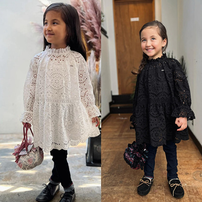 大牌高端小众全棉蕾丝镂空长袖衬衫连衣裙春秋法式高级感亲子Fith