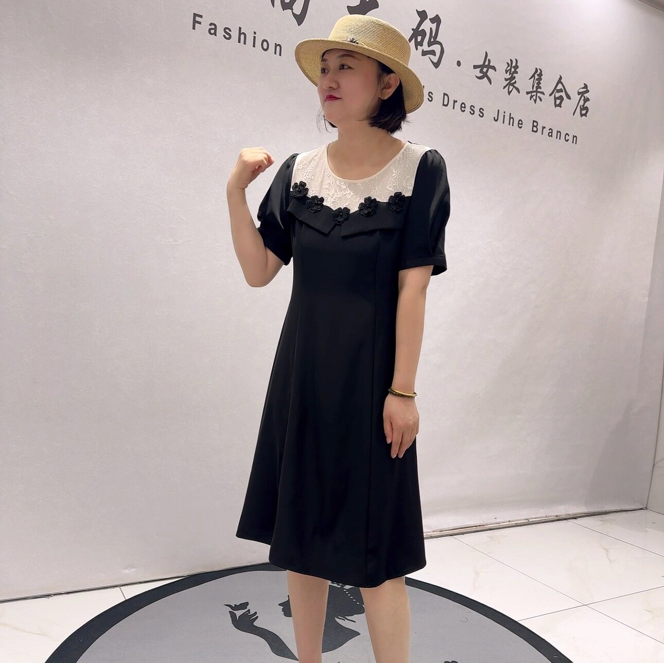 3516女权贵族夏款新品黑白拼接设计感收腰显瘦连衣裙加大码女装