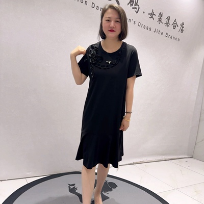 3531女权贵族夏款新品手盘花单层女人味气质鱼尾连衣裙加大码女装
