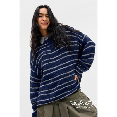 英国代购正品11.30 名品UO 女装新款 休闲横纹针织长袖毛衣