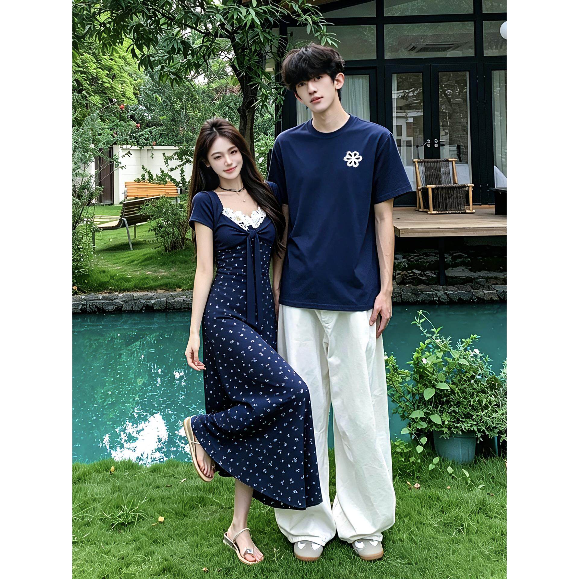 韩系情侣装花朵蕾丝吊带洋装女高级感气质桔梗碎花长裙一裙一衣