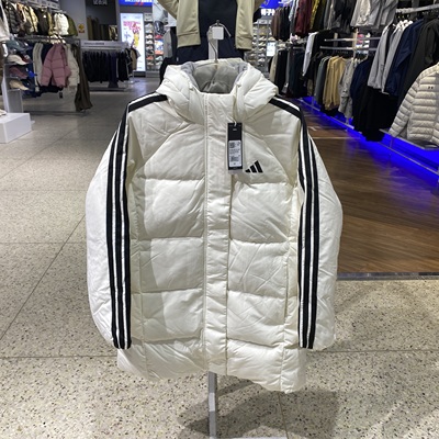 adidas阿迪达斯女子外套2025冬装中长款鸭绒连帽羽绒服KC2485