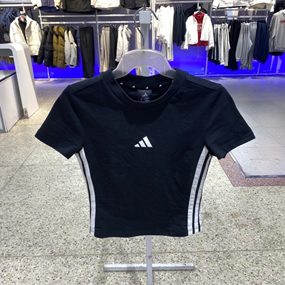 adidas阿迪达斯女子2025春季运动休闲短袖T恤黑色圆领上衣JY8570