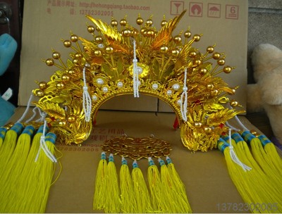 菩萨寺庙古装金黄色三凤冠头饰