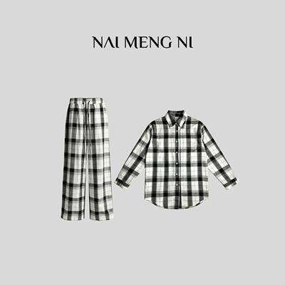 王火火&夏季棉麻透气宽松气质老钱风时尚黑白格套装 28HH0250