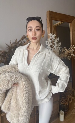 小众外贸复古菱格纹深v领polo针织衫休闲上衣北欧老钱风肌理质感