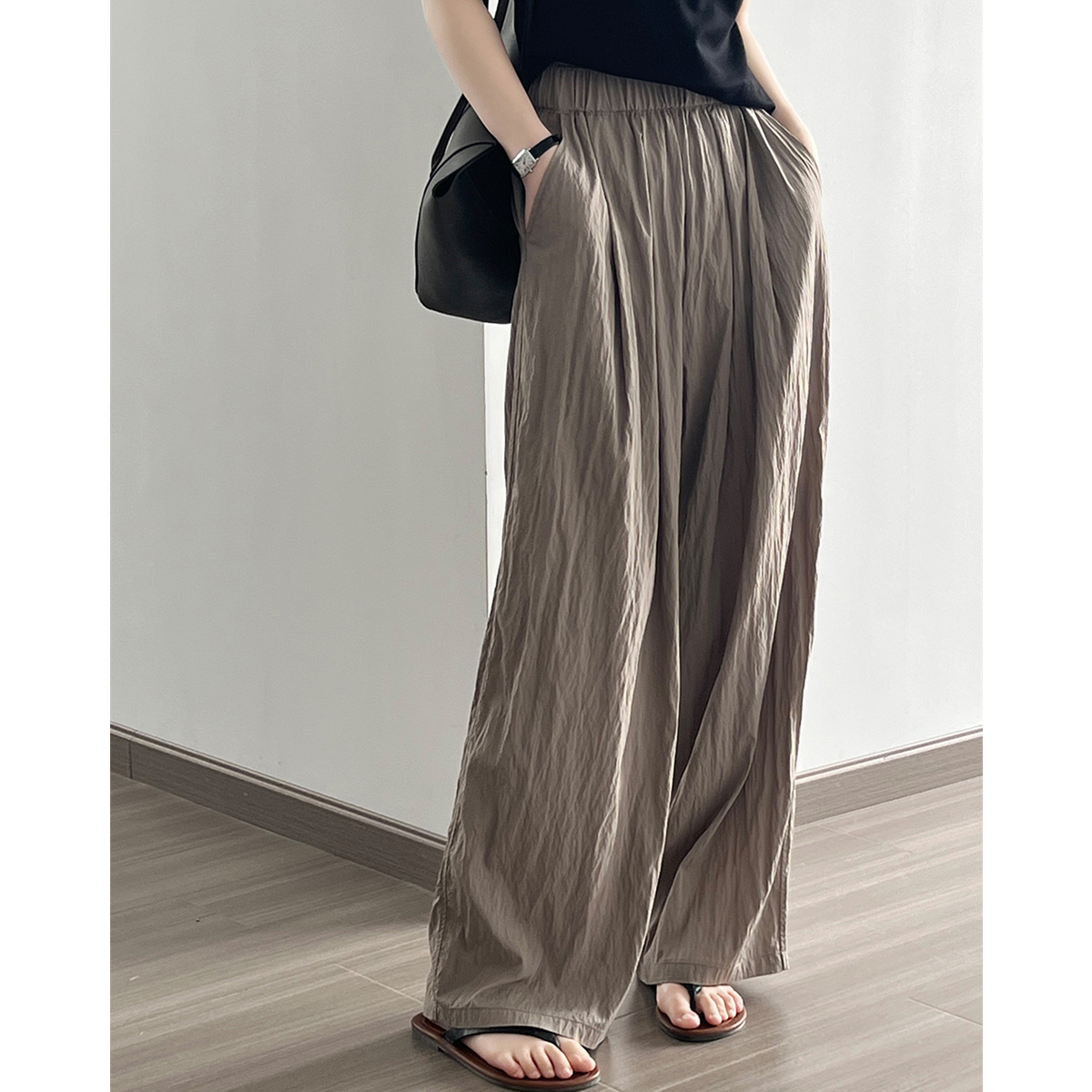 薄款褶皱休闲裤女2023夏季新款时尚慵懒风垂感宽松阔腿裤拖地长裤_虎窝淘