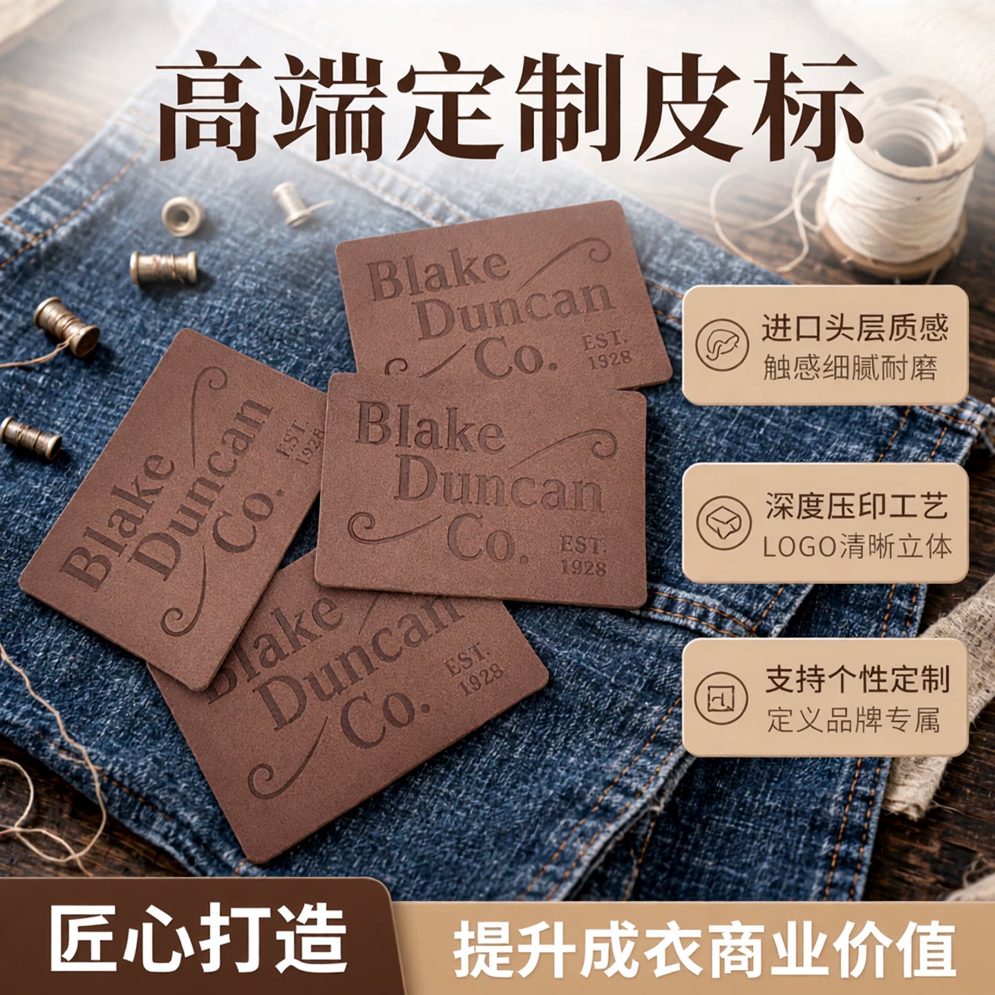 牛仔裤后腰皮标棕色皮革标牌定制LOGO字母标志高端质感皮牌来图定