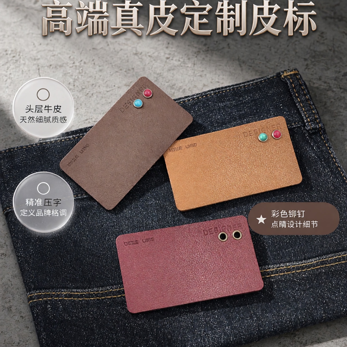 真皮皮标定制 牛仔裤后腰皮牌 彩色铆钉 头层牛皮压字 小批量订做