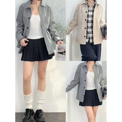 多口袋宽松休闲男女同款毛呢外套