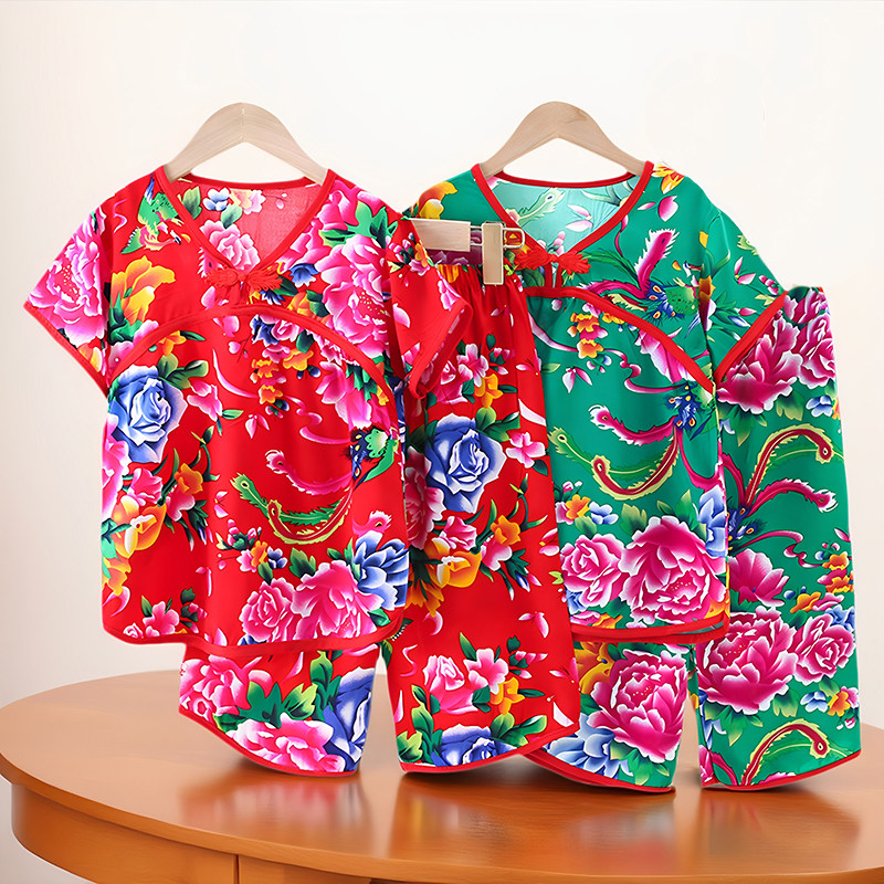 儿童睡衣套装夏季薄款女童棉绸家居空调服大花绵绸短袖可外穿
