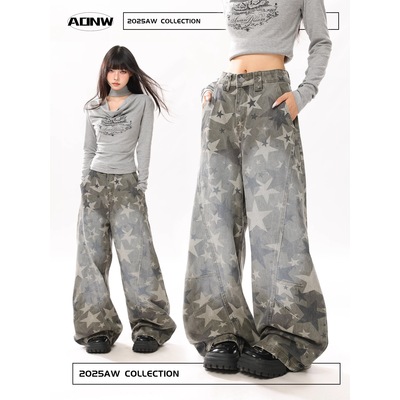 AONW美式复古星星印花牛仔裤女秋季新款宽松设计感弯刀阔腿裤长裤