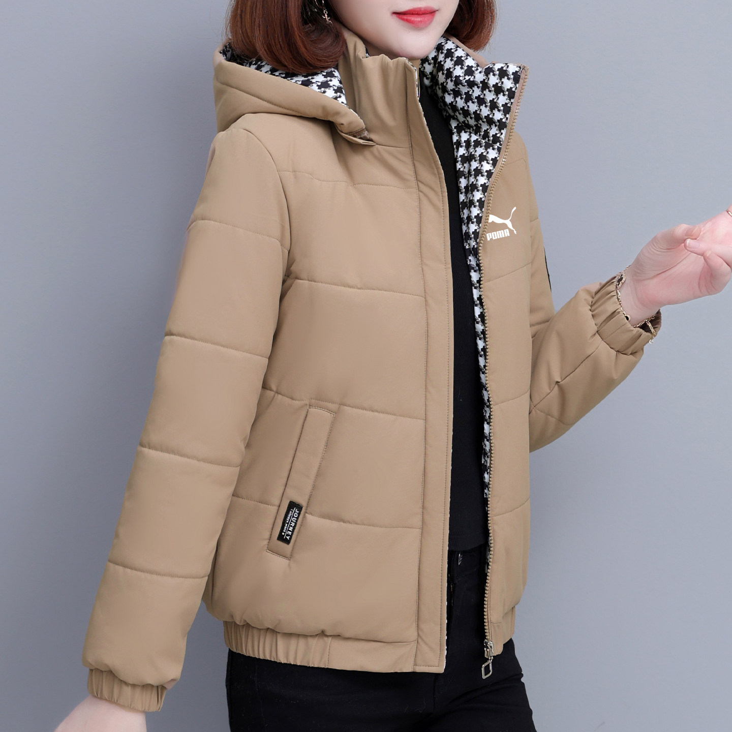 奥莱专柜时尚加绒连帽棉服女士秋冬新款优雅个性修身保暖棉衣外套