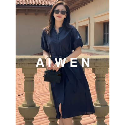 【AIWEN/艾芠】夏季100棉极简文艺风泡泡袖连衣裙女WYJ-X60302