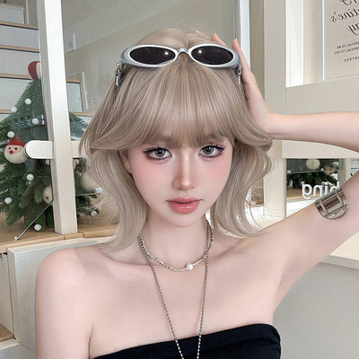 奶茶灰棕色假发甜妹风短卷发齐刘海自然时尚外翻锁骨发短发wigs