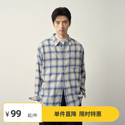 Vavu法兰绒翻领格子长袖衬衫